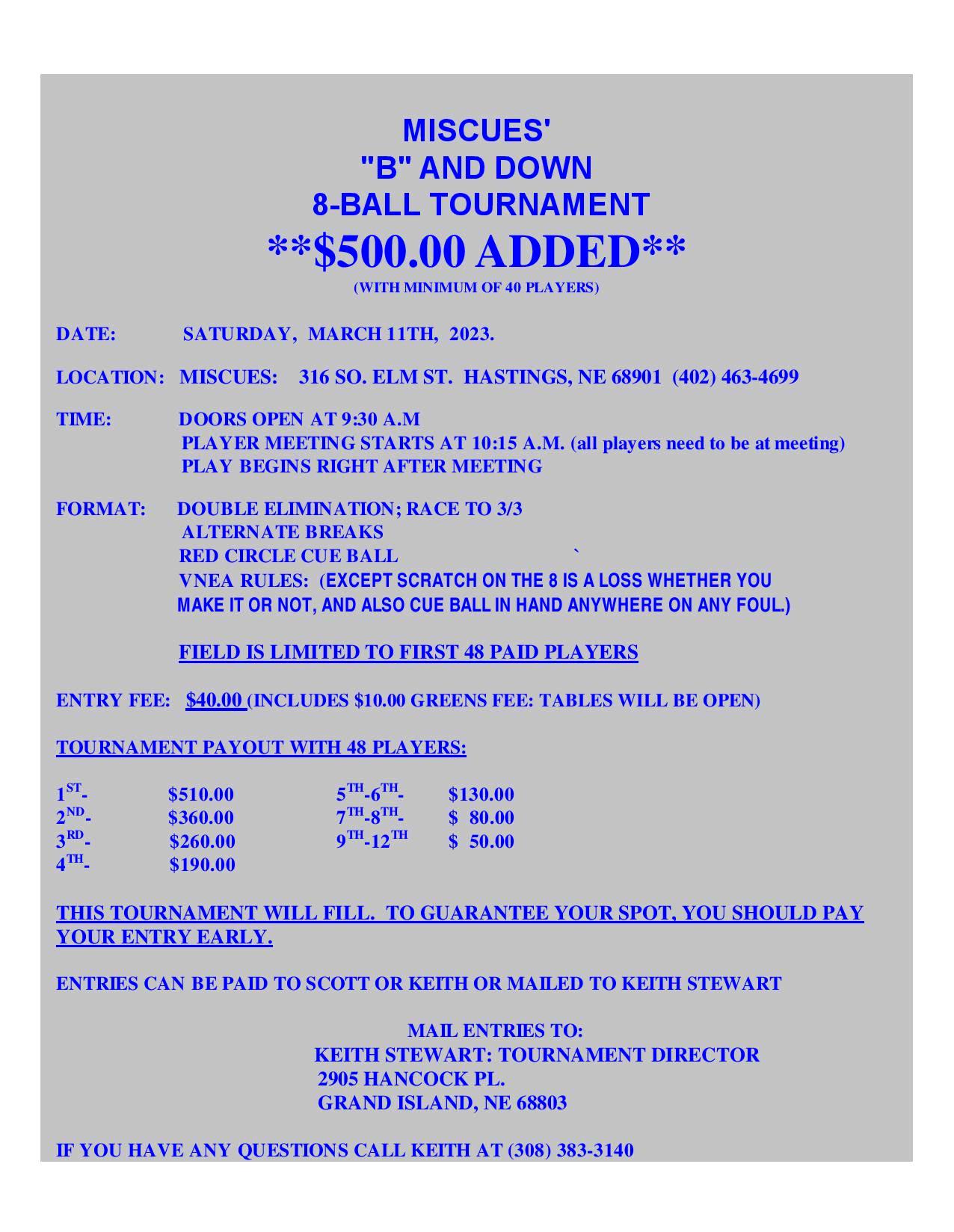 ppmu | MISCUES "B" & DOWN 8-BALL TOURNAMENT March 1, 2025